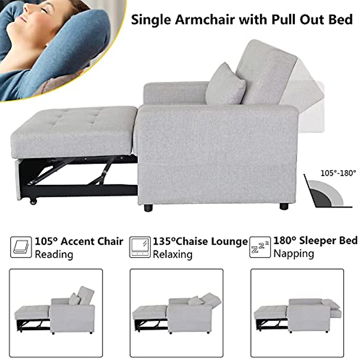 Setawix Convertible Chair Bed 3-in-1, Multi-Functional Sleeper Sofa Chair with Adjustable Backrest, Single Sofa Chair with Side Pocket and Pull Out Bed, Folding Recliner Chair (Linen, Grey)