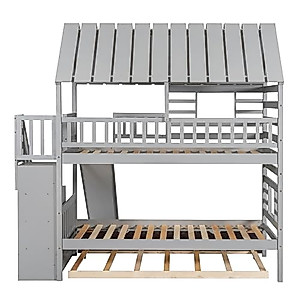 BOVZA Stairway House Bunk Bed Twin Over Twin with Trundle and Slide, Wooden Bunk Bed Frame with Storage Stairs, Roof and Window Design, for Kids Girls Boys, Gray