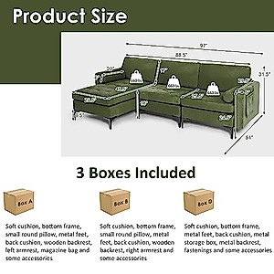 OUDINI L-Shaped Sectional Sofa, Reversible L Shaped Couch, Linen Sectional Couch, W/Reversible Chaise and 2 USB Ports Army for Living Room, Apartment, Small Couches (Green)