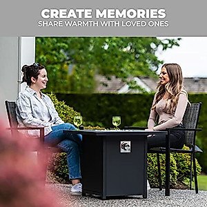 Outland Living Main Street 430 Model Square Fire Pit Table for Outside Patio – 28" Compact Outdoor Propane Gas Fire Table, Black – with Glass Rocks Set, Pre-attached 1m Hose and Regulator