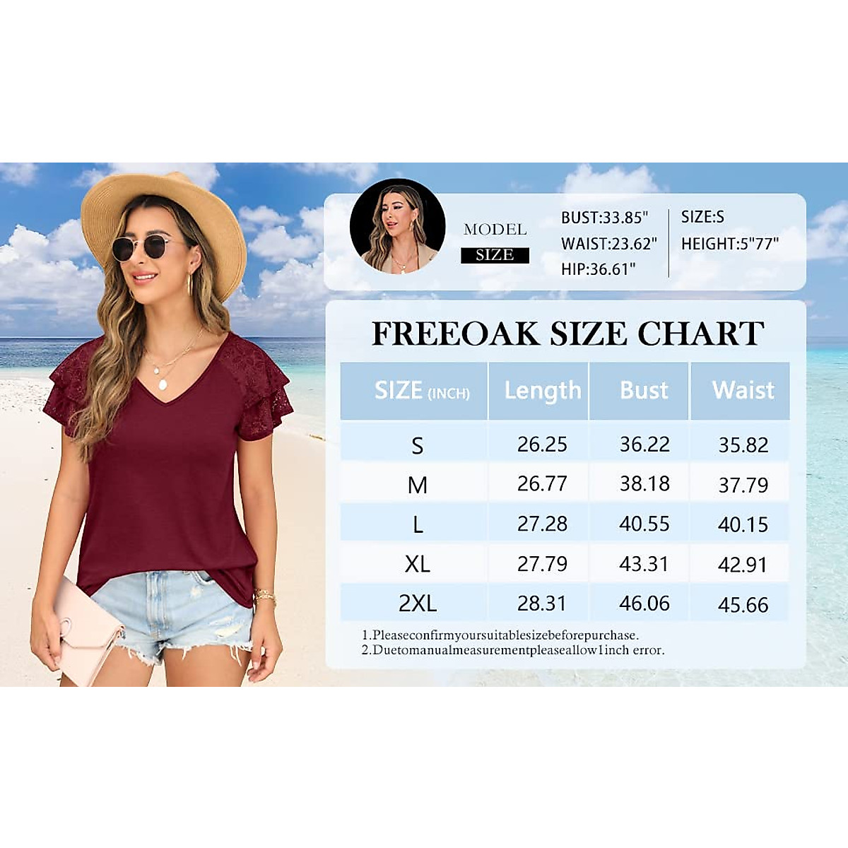 FREEOAK Summer Tops Double Lace Sleeve Shirts for Women V Neck Loose Casual Tee Tunics Black Tops for Women Black L