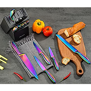 WELLSTAR Rainbow Knife Set 14 Pieces, Iridescent German Stainless Steel Kitchen Knives Set with Wooden Block, Colorful Titanium Coating, Chef’s Knife Block Set with Scissors and Built-in Sharpener