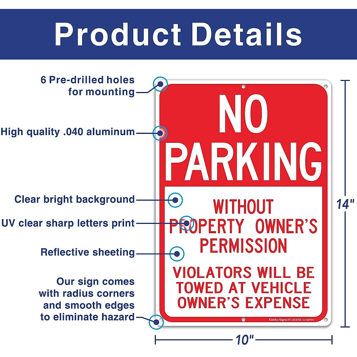 No Parking Without Property Owner's Permission Sign, Violators Will Be Towed at Vehicle Owner's Expense (3 Pack) 14 x 10 Inches .40 Rust Free Aluminum Reflective Sign, UV Protected,Weather Resistant,W
