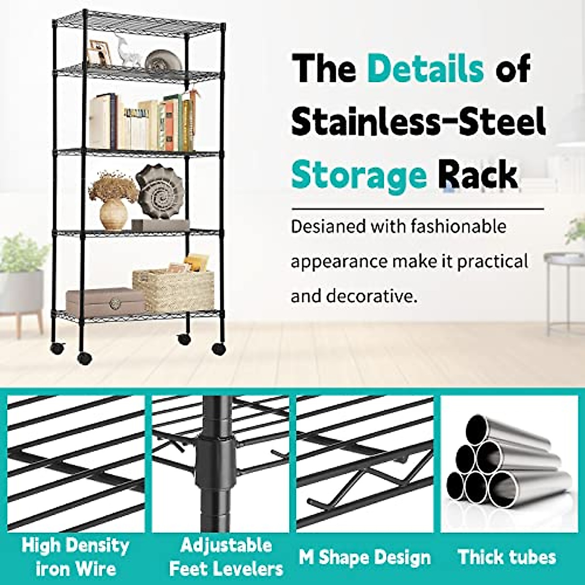 BLKMTY 5 Tier Wire Shelving Unit Height Adjustable Storage Shelves Compact Metal Shelves with Wheels for Pantry Garage Organizer Kitchen NSF Metal Storage Rack 30"x14"x60", Black