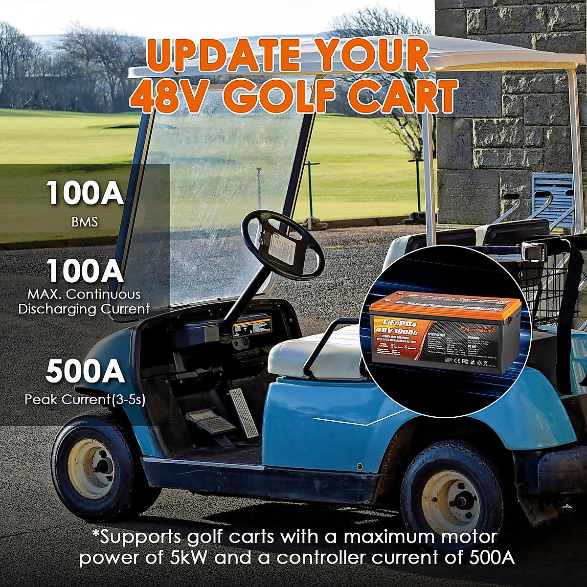 Enjoybot 48V 100Ah LiFePO4 Lithium Battery, Built-in 100A BMS and Bluetooth, Low Temperature Cut-Off Function and Peak Current 500A Perfect for Golf Cart Solar Off-Grid RV Camper, Home Energy Storage
