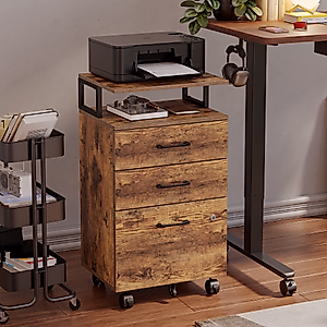 FEZIBO Electric Standing Desk, 55 x 24 Inches with 3 Drawers, Black Frame/Rustic Brown Top with File Cabinet