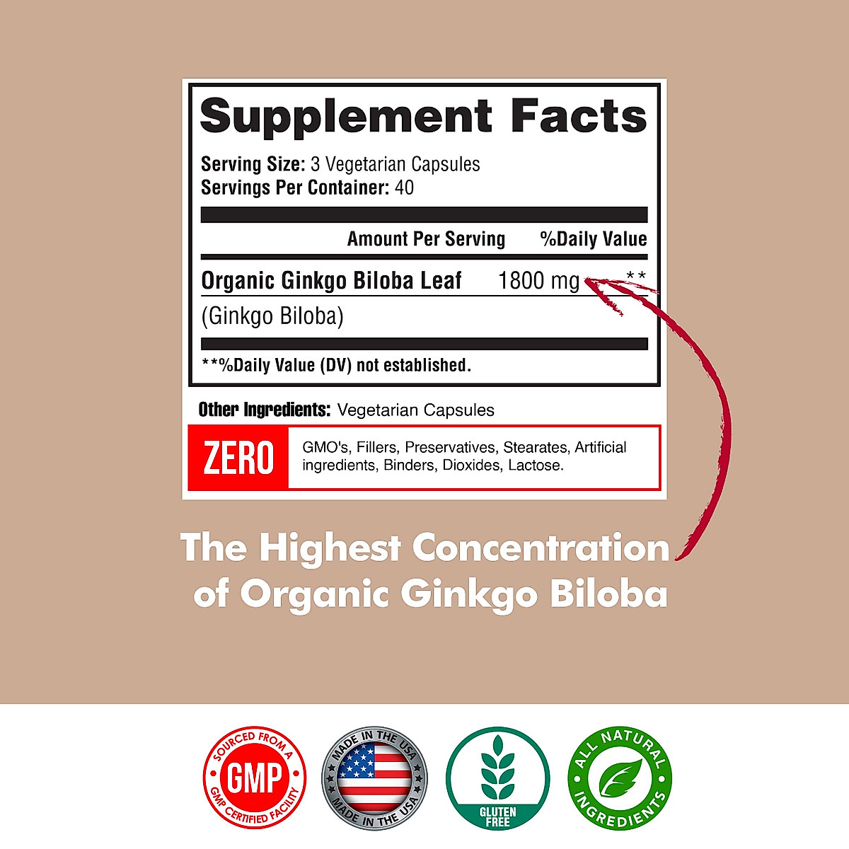 Happi Mi Nutrition Ginkgo Biloba 1800mg, Ginkgo Biloba Organic, Memory & Brain Function Support, Improves Concentration and Cognitive Support, Clarity, 120 Veggie Caps, Non GMO, 120Caps