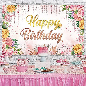 Pink Happy Birthday Backdrop, Floral Gold Glitters Birthday Banner with Rose Flower Birthday Decorations, Large Happy Birthday Photo Yard Sign Backgroud Party Supplies for Women Girls, 70.8x43.3 Inch