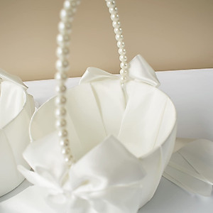 ATAILOVE 2 Pcs Wedding Flower Girl Baskets with Cute Pearl Handle Bowknot Satin Flower Baskets for Wedding Ceremony, Ivory