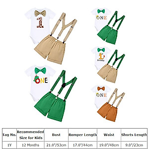 Cake Smash Outfit Boy 1st First Birthday Baby Jungle Theme Wild One Bow Tie Romper+Shorts+Y-Back Suspenders 3PCS Wedding Baptism Gentleman Formal Party Clothes Photo Props Khaki 12 Months