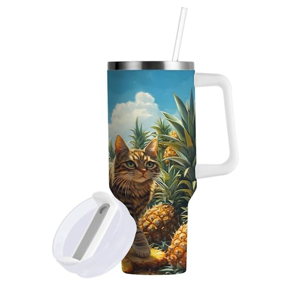 Slewiaeky Tumbler with Handle 40 oz Adorable Skinny Cat Travel Mug with Lid and Straw Pineapple Stainless Steel Vacuum Insulated Water Bottle Cup for Iced Tea Coffee Cold Beverages Cup Holder Friendl