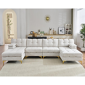 PaPaJet 124 Inch Sectional Sofa, 6 Seater Modular Sectional Couch with Metal Legs, U Shaped Sofa Couch for Living Room, Beige Chenille