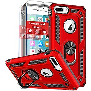 SunRemex Compatible for iPhone 8 Plus Case, iPhone 7 Plus Case, iPhone 6/6s Plus Case with Tempered Glass Screen Protector [2Pack] 5.5"，Kickstand [Military Grade] 16ft Drop Tested Protective. (Red)