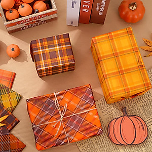 Whaline 100Pcs Fall Plaid Tissue Paper Orange Brown Farmhouse Gift Wrapping Paper Retro Thanksgiving Packaging Paper DIY Art Craft Paper for Autumn Home Birthday Party Gift Decor, 14 x 20 Inch