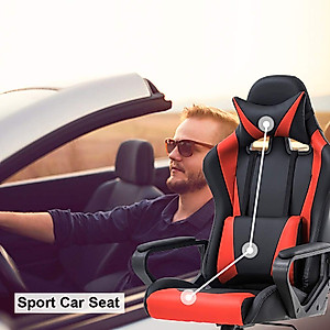 Gaming Chair Home Office Chair Racing Desk Chair with Lumbar Support Arms Headrest High Back PU Leather Massage Ergonomic Chair Rolling Swivel Adjustable PC Computer Chair for Women Adults Girls(Red)