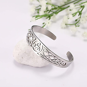 TEAMER Celtic Knot Bracelet Stainless Steel Silver Cuff Bangle Hollow Out Vintage Symbol Norse Amulet Jewelry for Women Men (Triskele)