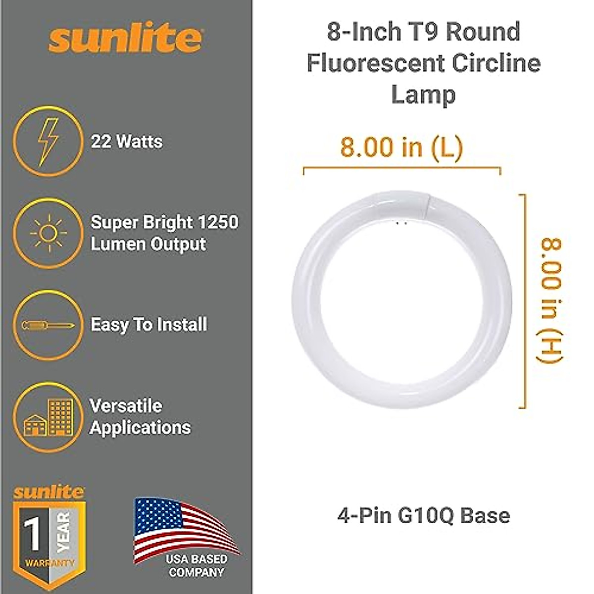 Sunlite 41316 FC8T9/CW 8-Inch T9 Round Fluorescent Circline Lamp, 22 Watts, 1250 Lumens, 4100K Cool White, G10Q 4-Pin Base, 1 Pack