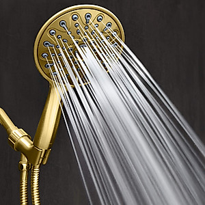 ShowerMaxx, Elite: ImperialShine Gold Finish Hand Held Rain Shower Head, Large 6 inch 6 Spray Settings Handheld Rainfall Showerhead with Long Stainless Steel Hose, (Polished Brass/ImperialShine Gold)