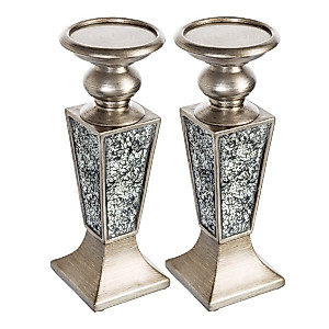 Creative Scents Schonwerk Pillar Candle Holder Set of 2 - Crackled Mosaic Design - Coffee Table Decor - Decoration Centerpiece for Living Room or Dining Room - Best Wedding Gift (Silver)