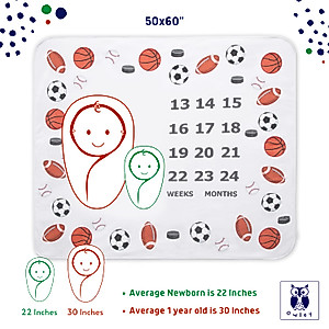 OWLEY Monthly Milestone Blanket for Newborns to Toddlers, Double Sided 1-24 Weeks or Months, Oversized 60x50 in, Perfect Unisex Gift for Baby Showers, Sports Fans’ Birthdays, Baby Boys, Girls