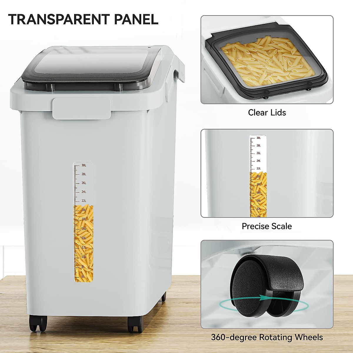 YITAHOME Ingredient Flour Storage Bin, Commercial 11.4-Gallon Flour Storage Container 280 Cups Rice Storage Bins with Wheels Shelf-storage Bin with Scoop and Lid, Rice Bin for Kitchen, Gray