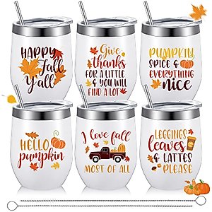 Uiifan 6 Pcs Thanksgiving Happy Fall Y'all 12 oz Wine Tumbler, Novelty Hello Pumpkin Maple Leaves Funny Autumn Gift, Give Thanks Autumn Coffee Mug Decor for Thanksgiving Halloween Party Supplies