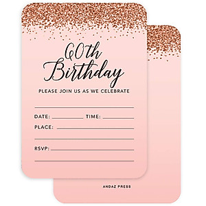 Andaz Press Blush Pink and Rose Gold Glitter Elegant Party Collection, 5x7-inch Invitations with Envelopes, 60th Birthday, 24-Pack, Double Sided Printing, Heavy Card Stock, Includes Envelopes