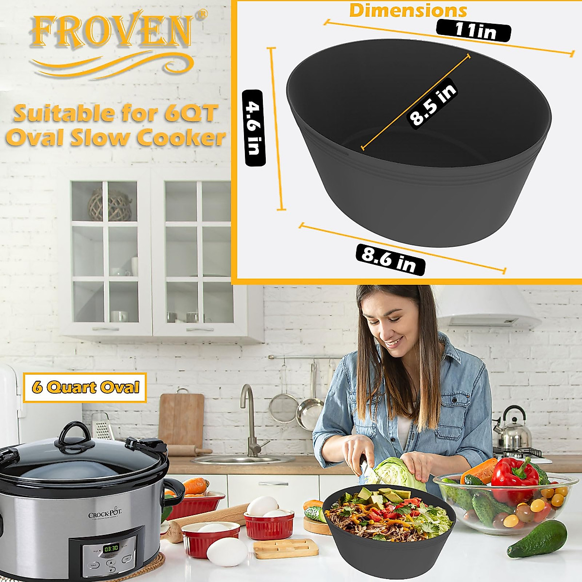 FROVEN 6 Quart Silicone Crockpot Liners. Thickened, Weighted and Sturdy Reusable Slow Cooker Liners Oval Compatible with most 6 QT Crock Pot Liners Slow Cooker Accessories. Leakproof, Dishwasher Safe