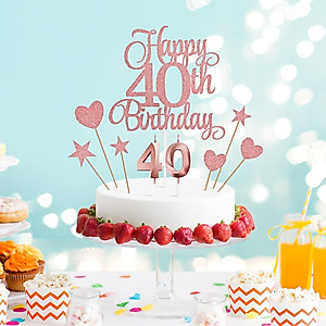 Lecferrarc 40th Birthday Cake Decorations, 40th Birthday Candles Cake Numeral Candles and Glitter Happy 40th Birthday Cake Toppers Set for Birthday Party Supplies (Rose Gold)