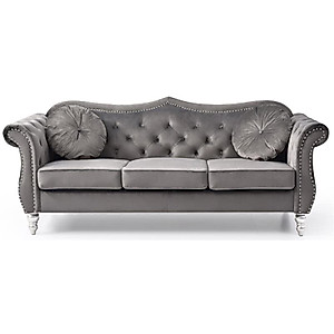 Pemberly Row17 Transitional Velvet Tufted Sofa with 2 Pillows in Dark Gray