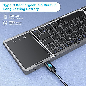 seenda Foldable Bluetooth Keyboard for Travel, Tri-Folding Wireless Portable Keyboard with Touchpad, Rechargeable Multi-Device Small Keyboard, for Laptop Tablet PC Smartphone Windows iOS Android