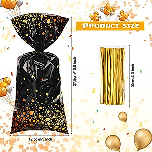 100 Pieces Plastic Party Treat Bags Foil Dot Cellophane Candy Goody Treat Bags with 100 Gold Twist Ties for Christmas Near Year Birthday Retirement Cocktail Wedding Party Supplies(Black Gold)