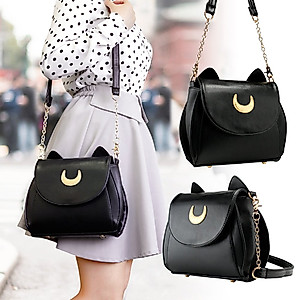 OCT17 Moon Luna Design Purse Kitty Cat satchel shoulder bag Designer Women Handbag Tote PU Leather Sailer Style (White)