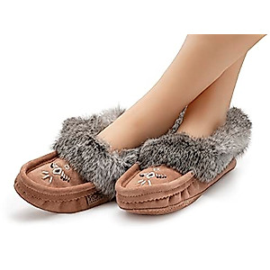 Laurentian Chief Moccasin Slippers for Women – Comfortable Slippers with Real Fur Trim and Soft Faux Lining – Canada Quality Beaded Style Warmie Slippers for Indoor Use (Cappuccino, numeric_9)