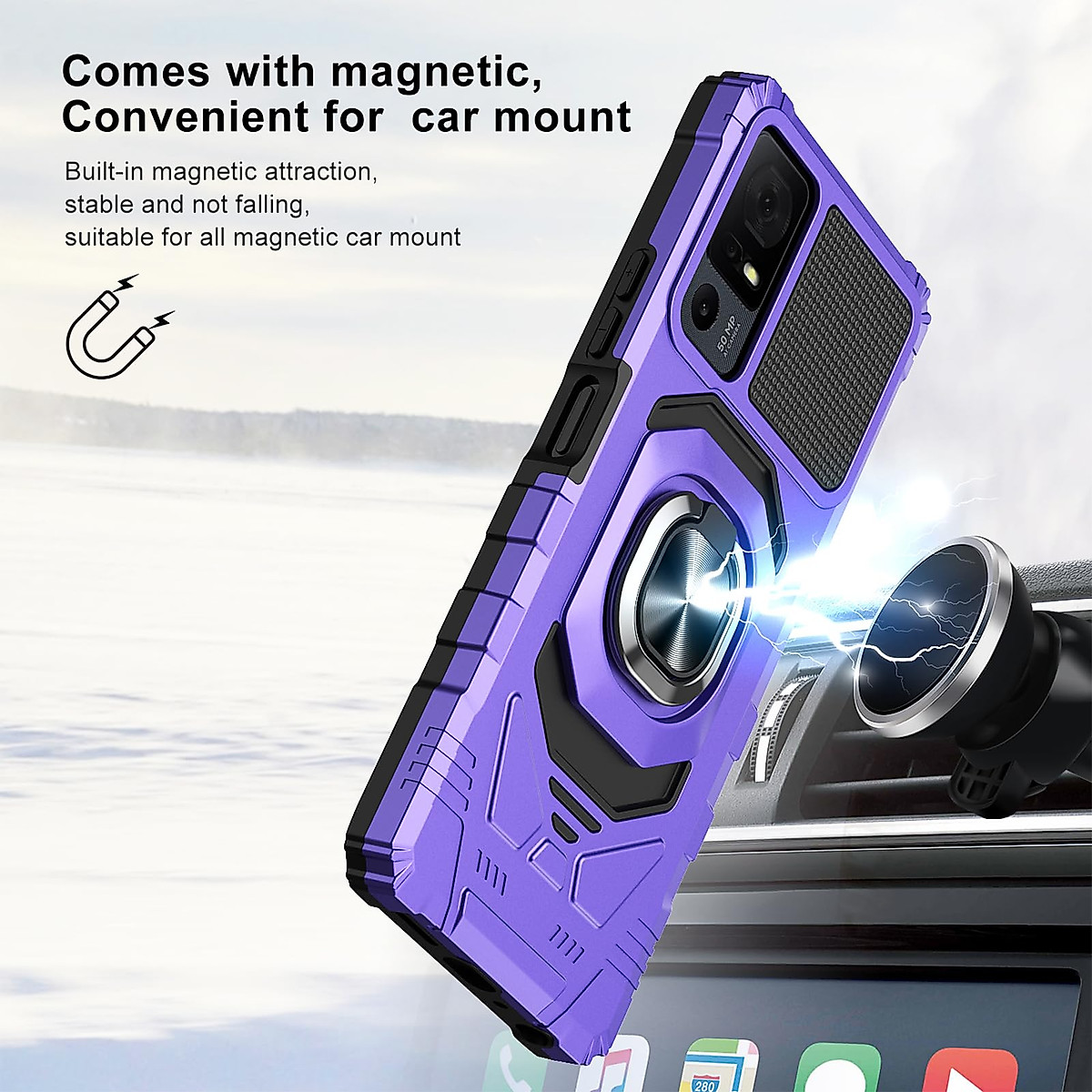 Ailiber for TCL 40 XL/TCL 40 T(T608DL)/Lively Jitterbug Smart 4 Case with Screen Protector, Ring Kickstand for Magnetic Car Mount, Military Grade Shockproof Protective Phone Cover for TCL 40T-Purple