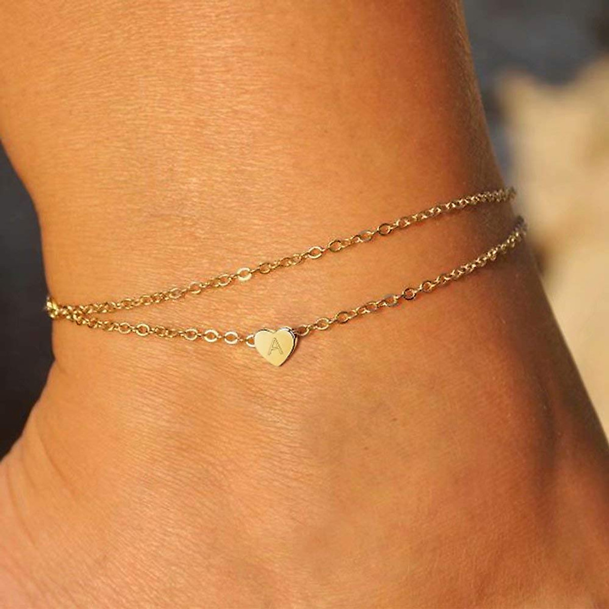 Turandoss Heart Initial Anklet Bracelet for Women, 14K Gold Filled Layered Ankle Bracelet Summer Boho Beach Minimalist Initial Anklet for Women Anklet With Initials A