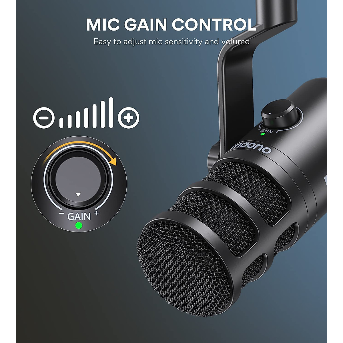 MAONO USB Dynamic Microphone, Podcast Recording Microphone with Gain Knob, Plug & Play, Metal Structure, Voice-Isolating Technology, Cardioid Studio PC Mic for Streaming, Vocal, Home Studio-PD100U