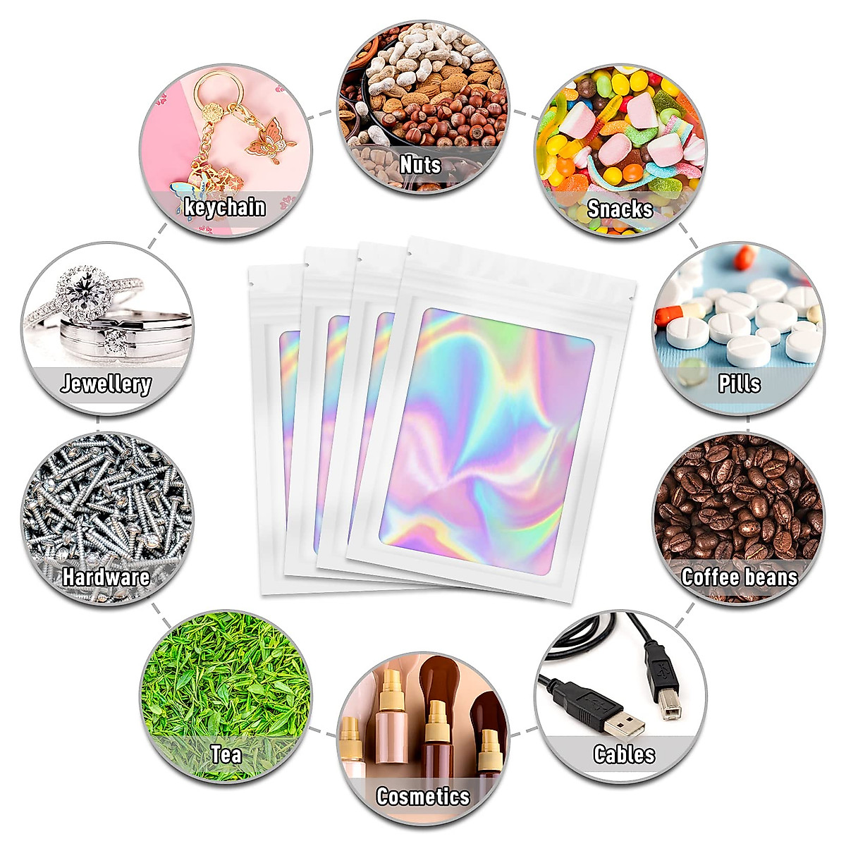 JTIEO 50Pcs Resealable Bags for Food Storage 4x6Inch Holographic Bags with Clear Window Foil Pouch Packaging Bag Self Sealing Bag for Party Favors, Lipgloss, Jewelry, Candy White