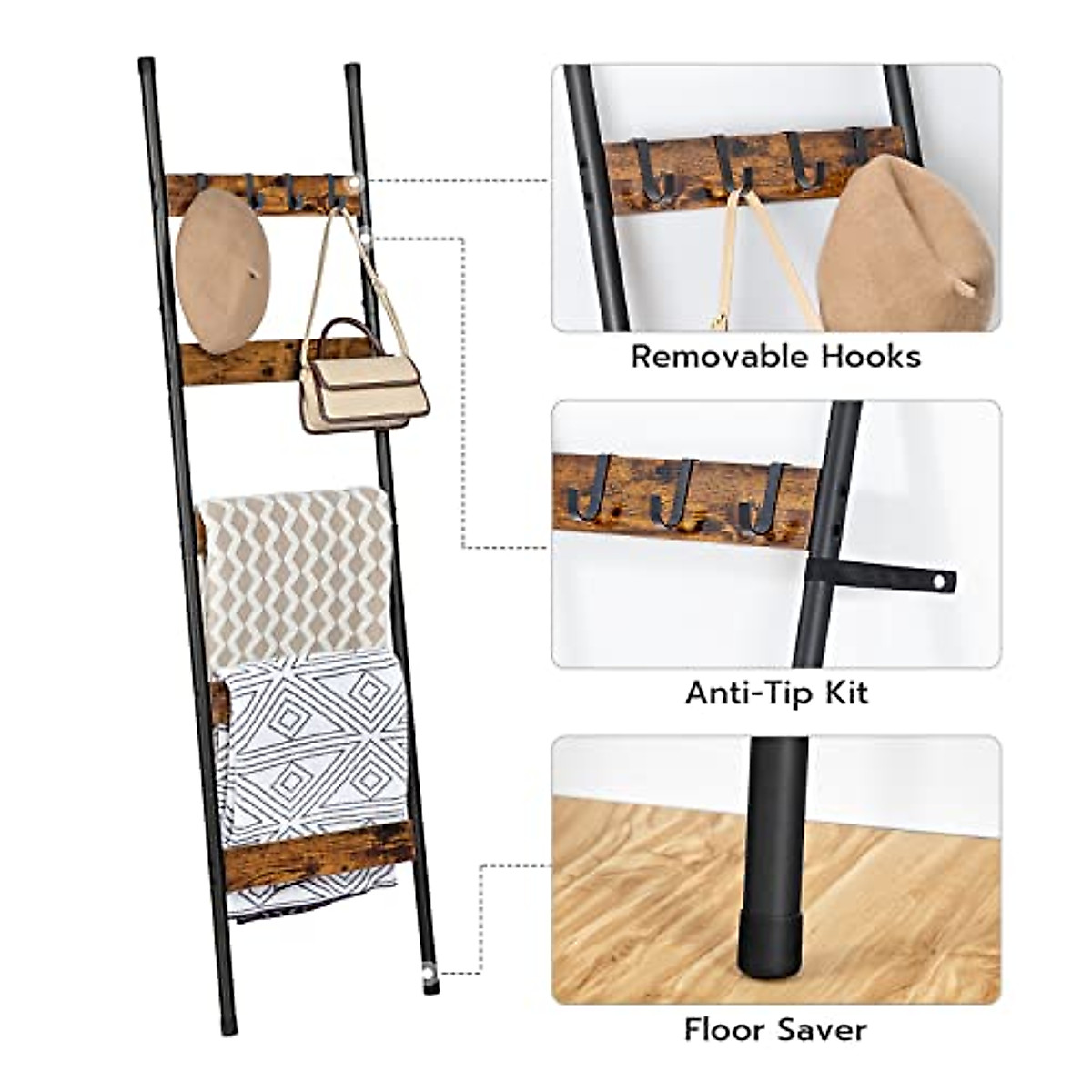 HOOBRO Blanket Ladder, 5-Tier Towel Rack with Hooks, Wall-Leaning Blanket Rack, Decorative Display Ladder Shelf, Scarves, Industrial, Living Room, Bedroom, Rustic Brown and Black BF52CJ01