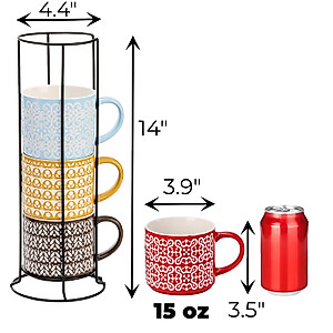 Hiceeden Set of 4 Stackable Coffee Mugs with Rack, 15 oz Colorful Ceramic Coffee Mugs with Metal Stand, Coffee Cup Set for Espresso, Cocoa, Latte, Americano, Cappuccino, Tea, Milk, Multi-colored