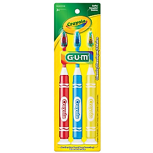 GUM Crayola Marker Children’s Toothbrush, Soft Bristled Kids’ Toothbrush Set Age 3+, Suction Cup Base, 3 Count