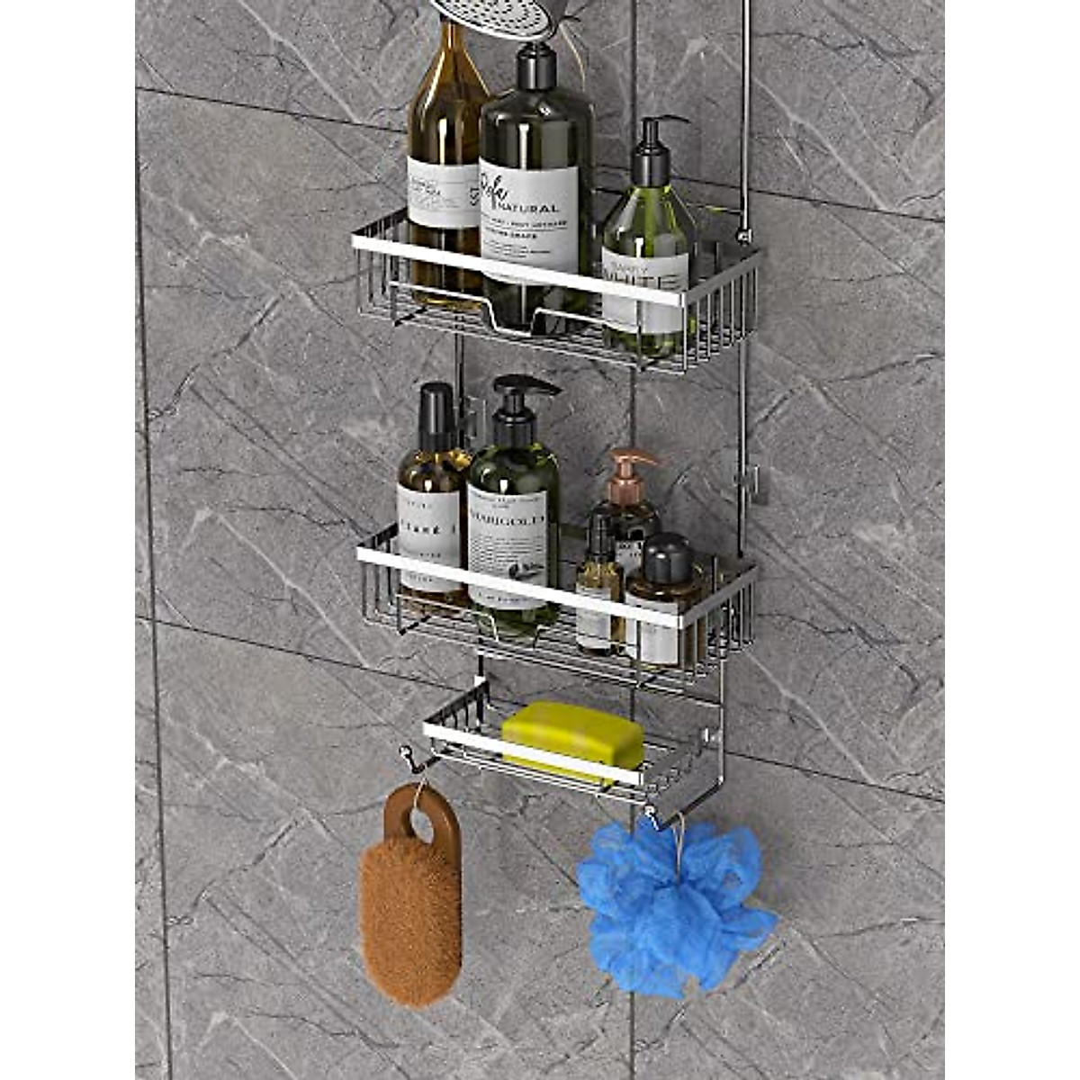 Elbourn Shower Caddy Over Shower Head, Bathroom Hanging Shower Organizer with Hooks, SUS201 Stainless Steel Shower Storage Rack 3 Shelves for Shampoo, Soap and Razor - Silver
