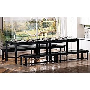 AWQM 43.3" Dining Table Set for 4 with 2 Benches, Metal Frame & Thickened Board for Kitchen, Restaurant, Black