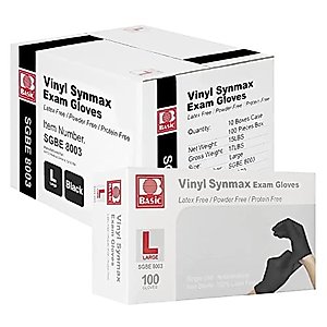 Basic Disposable Medical Synmax Vinyl Exam Gloves- 4 mil Safty Glove 1000pcs - Latex-Free & Powder-Free - SGBE 8003, Large (Case of 1000, Black)