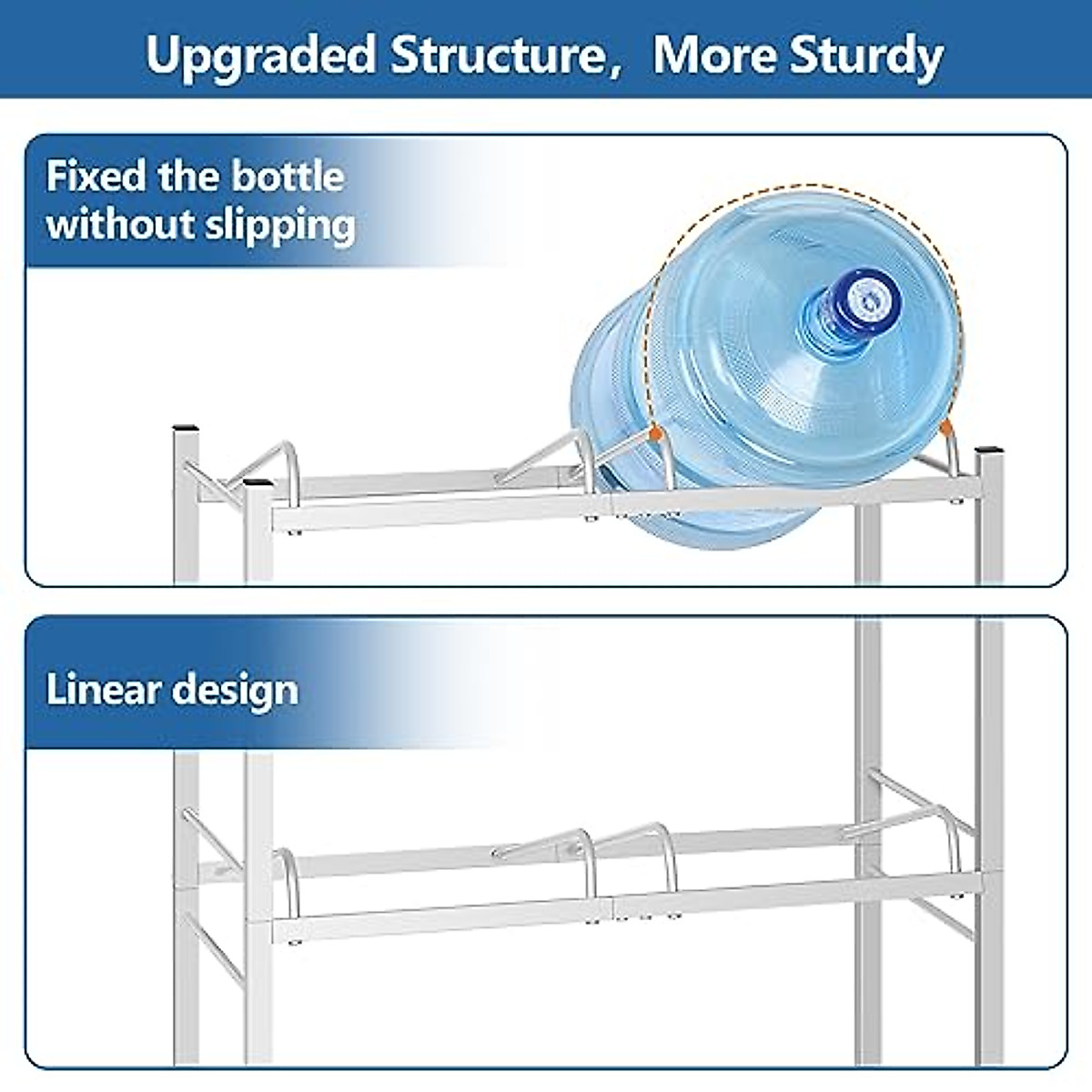 5 Gallon Water Jug Holder of 4 Tiers Water Bottle Storage Rack Stand with Large Capacity for 8 Bottles Heavy Duty Water Bottle Organizer Save Space for Kitchen, Dining Room, Garage (Silver)