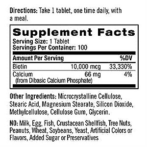 Natrol Biotin, Maximum Strength, 10,000 mcg Tablets 100 ea (Pack of 6)
