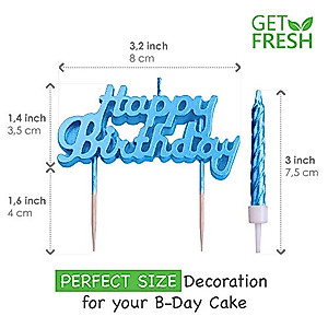GET FRESH Blue Birthday Cake Candles Set – 10-Pack Spiral Candles and Happy Birthday Letter Candles Cake Topper – Metallic Bday Candles and Candles Cake Decoration – Glitter Blue Birth-Day Candles