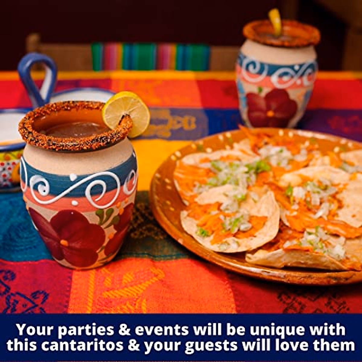 Cantaritos de Barro Jarritos Mexicanos - Set of 2 Authentic Mexican Glazed Clay Mugs 14 Oz For Drink Margaritas & Tequila Special For Taco Tuesda & Mexican Parties (Navy Blue Rim Flowers Desing)