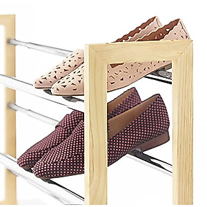 Whitmor 3 Tier Expandable Shoe Rack -Stackable - Natural Wood and Chrome