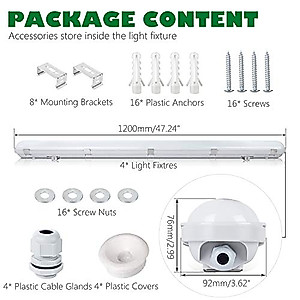 BRILLIHOOD LED Vapor Tight 4FT Light Fixture, 40W, 5000LM, IP65 Waterproof Shop Light, 6000K Bright White, Milky Lens, Outdoor Vapor Proof Lighting, 4-Pack